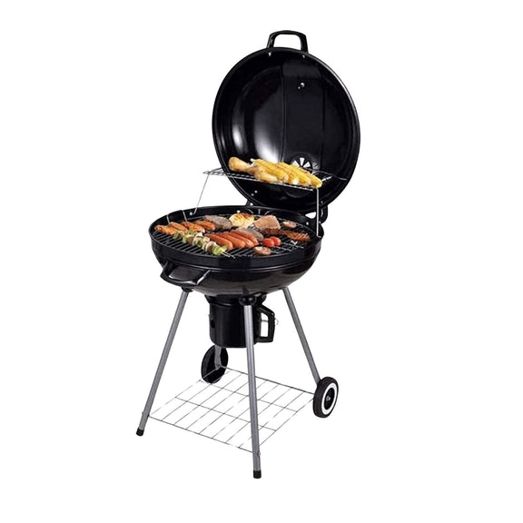 Round charcoal grill with liftable lid, warming rack, and wheels + fre ...